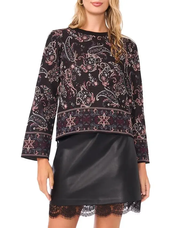 Vince Camuto Festival Paisley Jacquard Crewneck Sweater - Rich Black