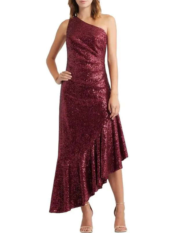 Eliza J Sequin One-shoulder Midi Cocktail Dress - Wine