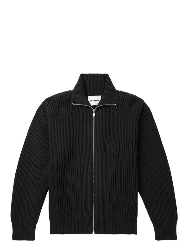 JIL SANDER Ribbed Wool Zip-up Cardigan - Black