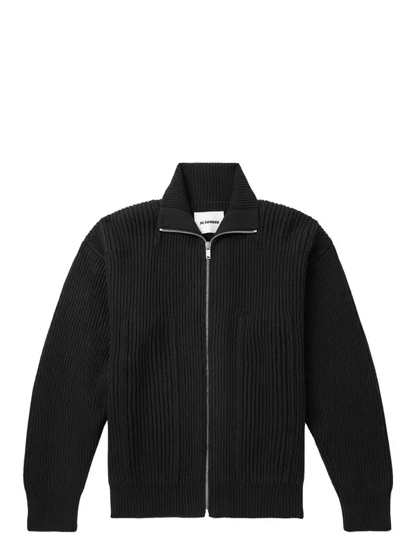 JIL SANDER Ribbed Wool Zip-up Cardigan - Black