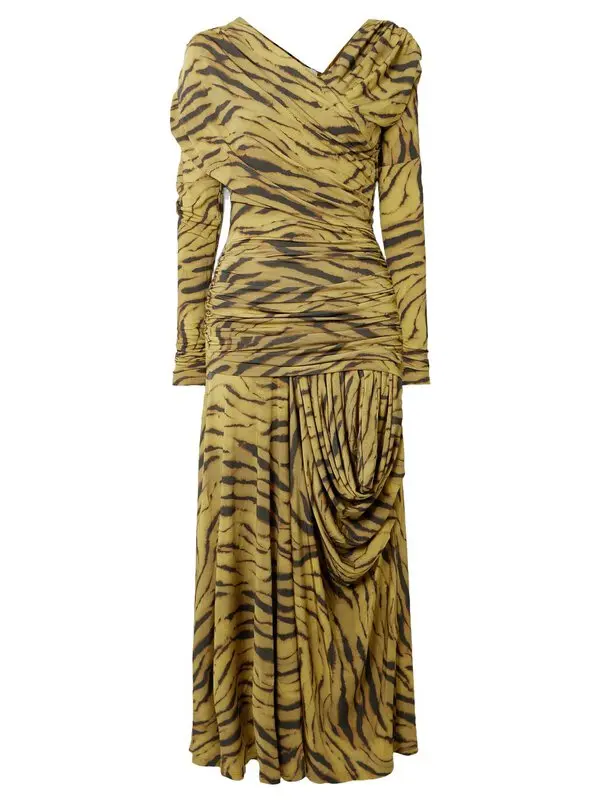 GANNI Asymmetric Draped Zebra-print Midi Dress - Yellow