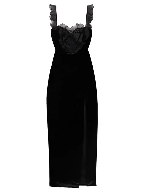 Alessandra Rich Bow-embellished Lace And Silk-trimmed Velvet Gown - Black