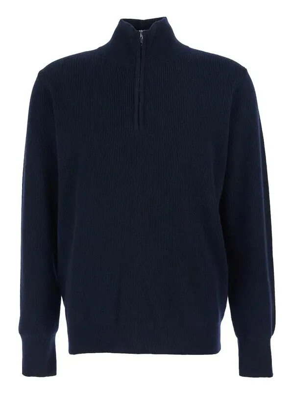 ROBERTO COLLINA Ribbed Wool Half Zip High Neck Sweater - Blue