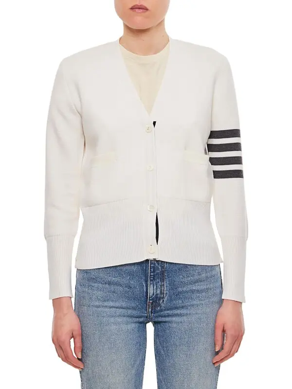 Thom Browne V-neck Cardigan With 4-bar Stripe - White