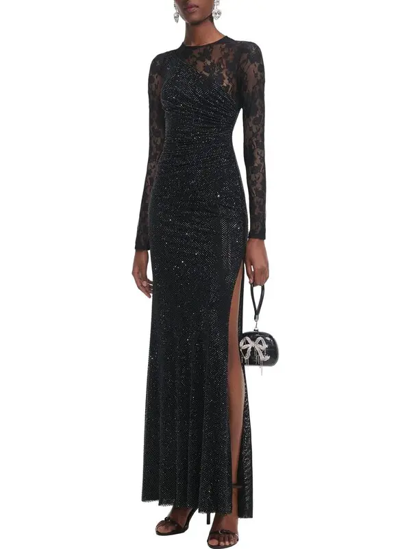 SELF-PORTRAIT Long Dress With Lace Sleeves And Rhinestones - Black