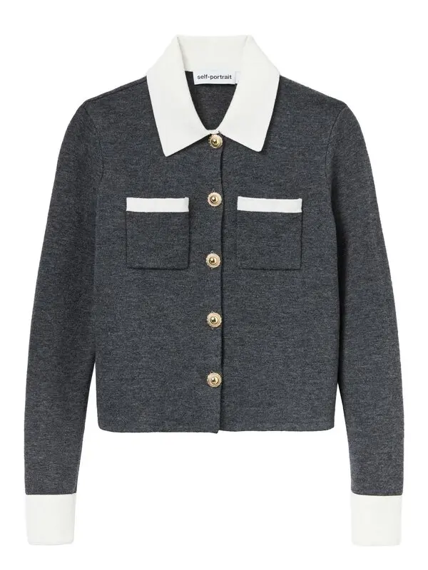 SELF-PORTRAIT Collared Cardigan With Button Details - Grey