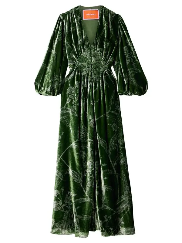 La DoubleJ Camerino Printed Velvet Maxi Dress - Green