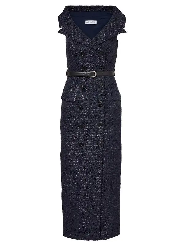 SELF-PORTRAIT Belted Bouclé Midi Dress - Blue