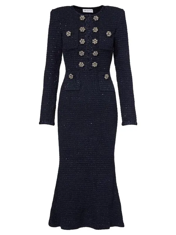 SELF-PORTRAIT Bouclé Midi Dress - Blue