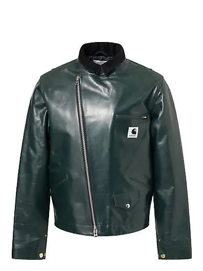 Sacai X Carhartt Wip Asymmetric-zip Leather Jacket - Green