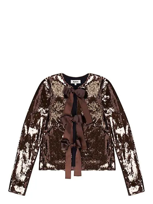 RO&ZO Sequin-embellished Jacket With Bow Front - Brown