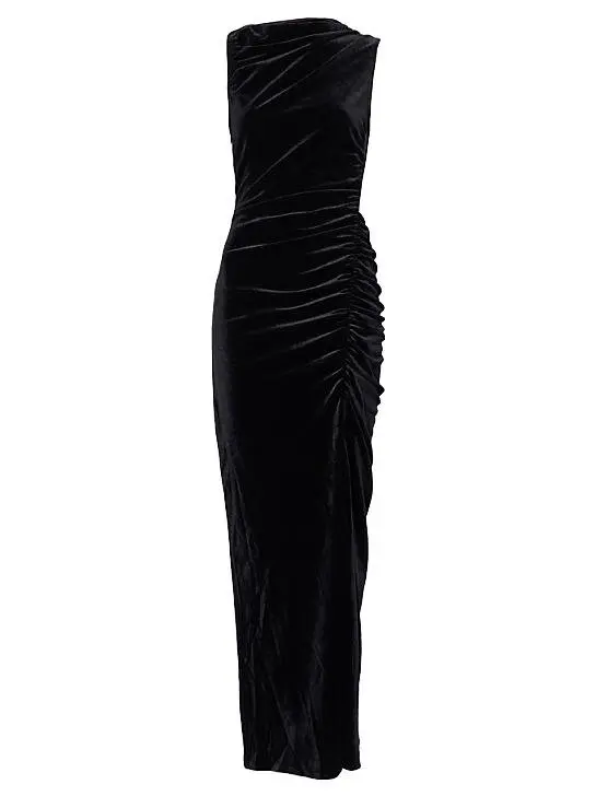 Good American Velvet Ruched Midi Dress - Black001
