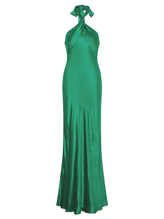 OMNES Arles Halterneck Satin Maxi Dress - Forest Green