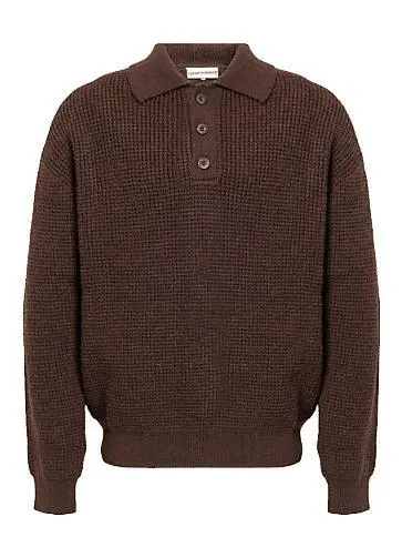 THE COUTURE CLUB Waffle Long-sleeve Knitted Polo Top - Brown
