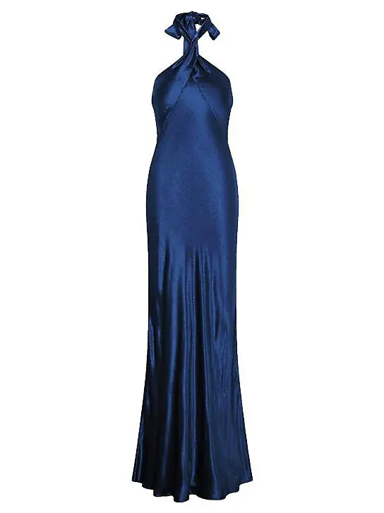 OMNES Arles Halterneck Satin Maxi Dress - Navy