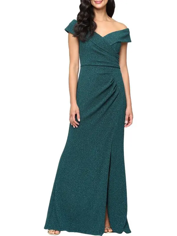 Alex Evenings Off-the-shoulder Metallic Jacquard Gown - Pine