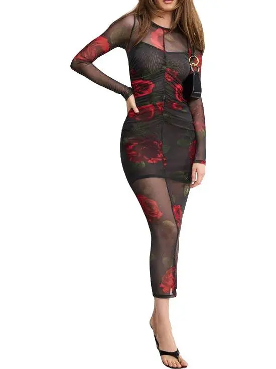 Good American Ruched Long Sleeve Mesh Maxi Dress - Moody Red Roses001