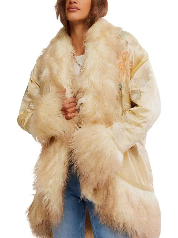 Free People Floral Jacket With Faux Fur Trim - Cream Combo