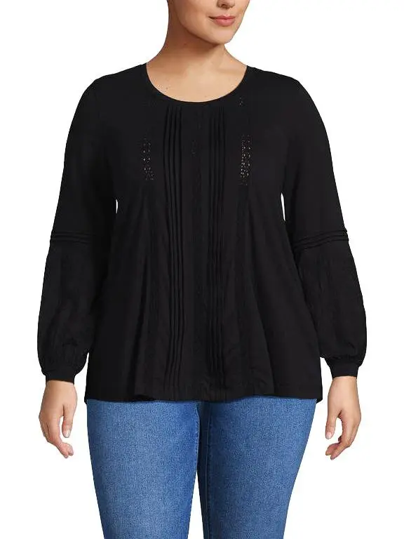 LANDS' END Long Sleeve Pintuck Lace Top - Black