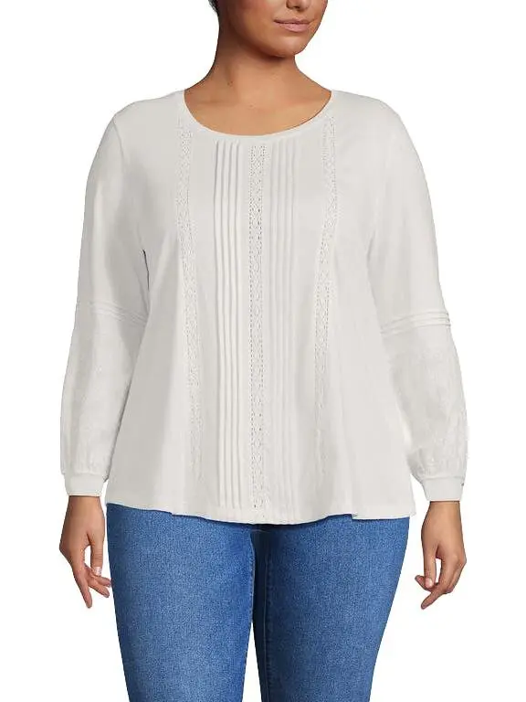 LANDS' END Long Sleeve Pintuck Lace Top - Ivory