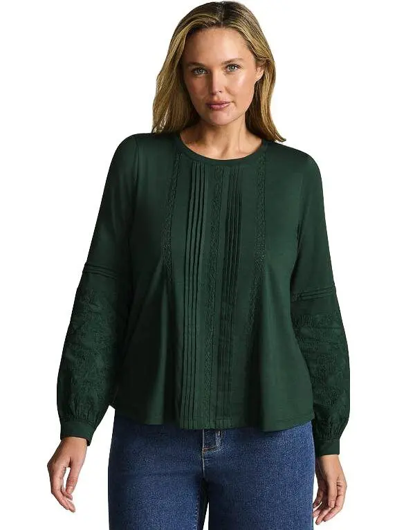 LANDS' END Long Sleeve Pintuck Lace Top - Pine Valley