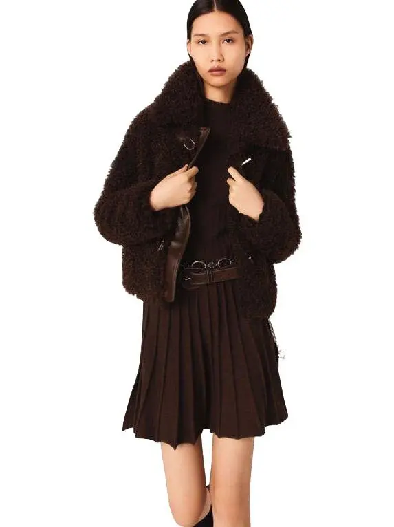 Maje Short Curly Coat With Brandenburg Fastenings - Dark Brown