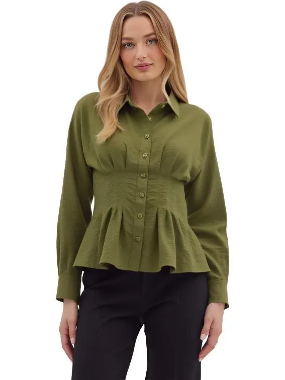 MODENAIRE Peplum Button-up Blouse - Olive Green
