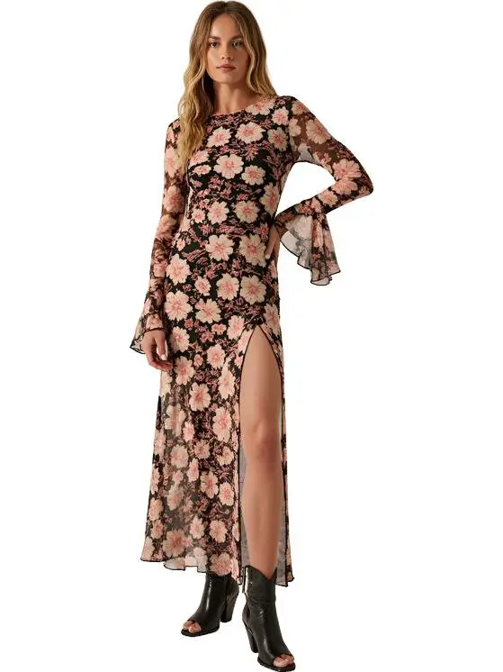 MODENAIRE Maxi Dress With Trumpet Sleeves - Floral Mesh