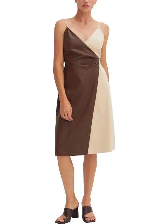 CRESCENT Mixed Media Wrap Midi Dress - Brown/bone