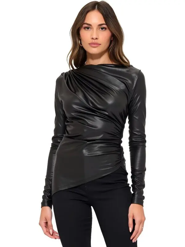 MODENAIRE Faux Leather Draped Asymmetrical Top - Black