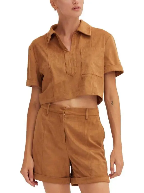 CRESCENT Suede Cropped Shirt - Camel