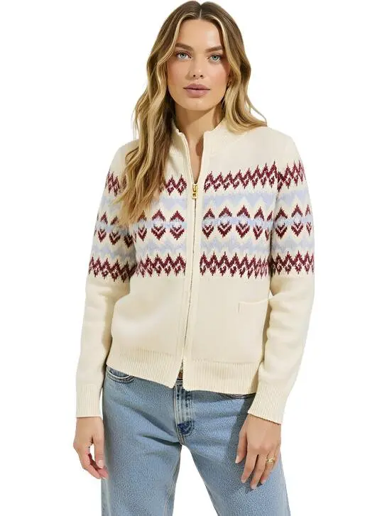 MODENAIRE Zip Cardigan With Ribbed Trim - Fair Isle