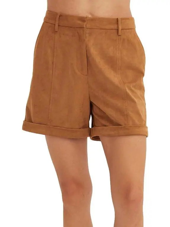 CRESCENT Suede Cuffed Hem High-waisted Shorts - Camel