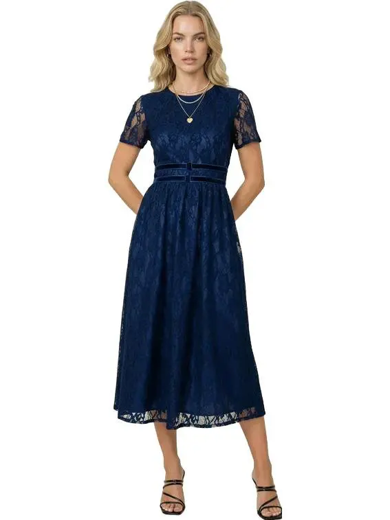 MODENAIRE Lace Midi Dress With Velvet Waistband - Navy