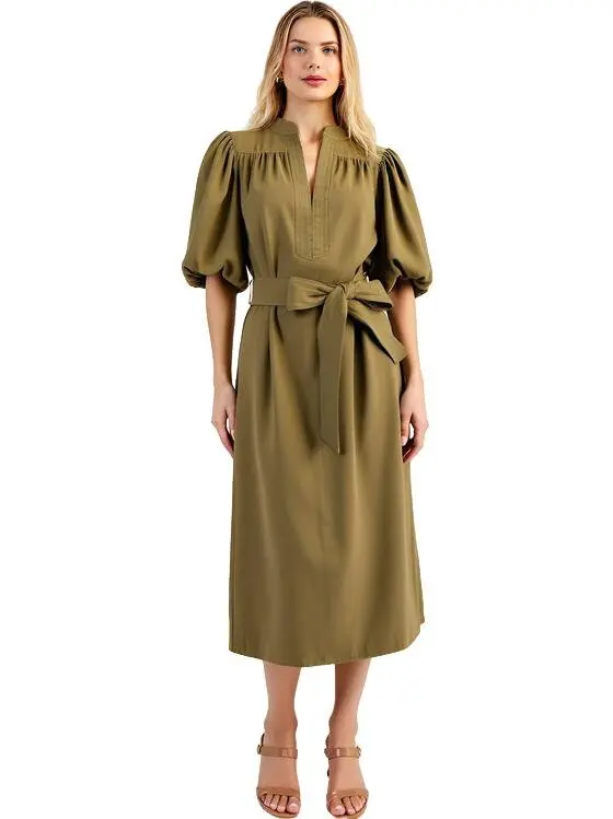 MODENAIRE Belted Midi Dress With Puff Sleeves And Keyhole Neckline - Olive Green