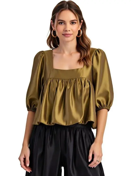 MODENAIRE Gathered Bubble Hem Puff Sleeve Top - Olive