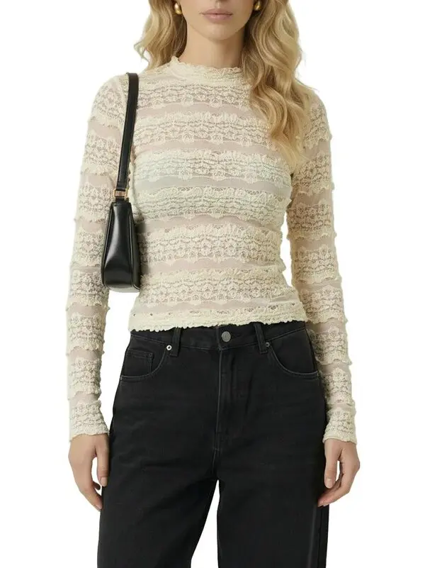 MODENAIRE Sheer Lace Long Sleeve Top - Off-white