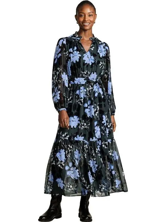 LANDS' END Chiffon Tiered Long Sleeve Maxi Dress - Evening Forest Painted Floral