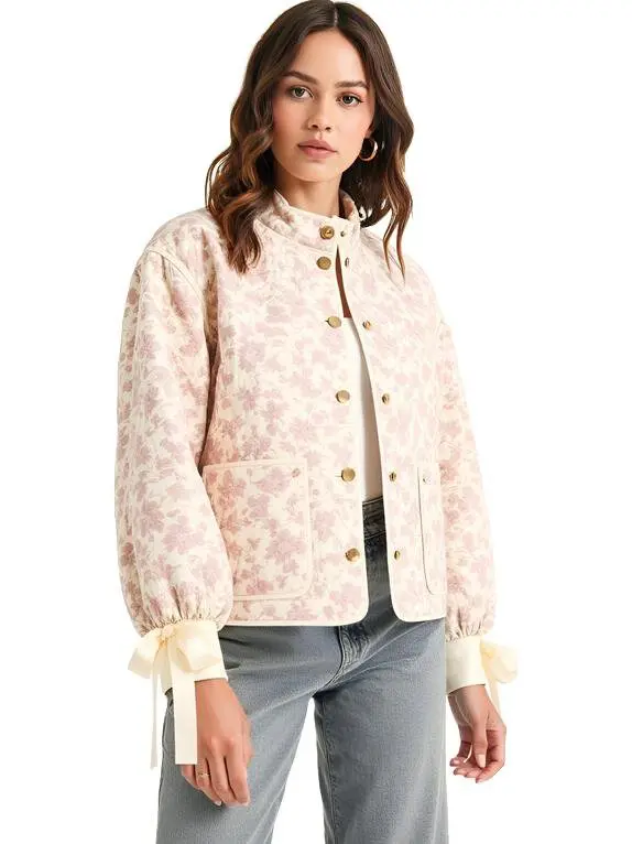 MODENAIRE Floral Quilted Jacket With Satin Bow Cuffs - Light Pink Floral