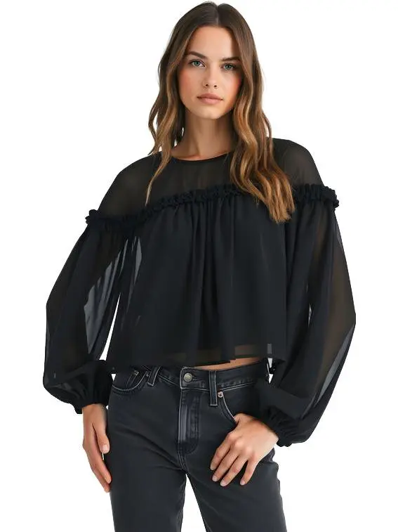 MODENAIRE Sheer Long Sleeve Ruffled Blouse - Black