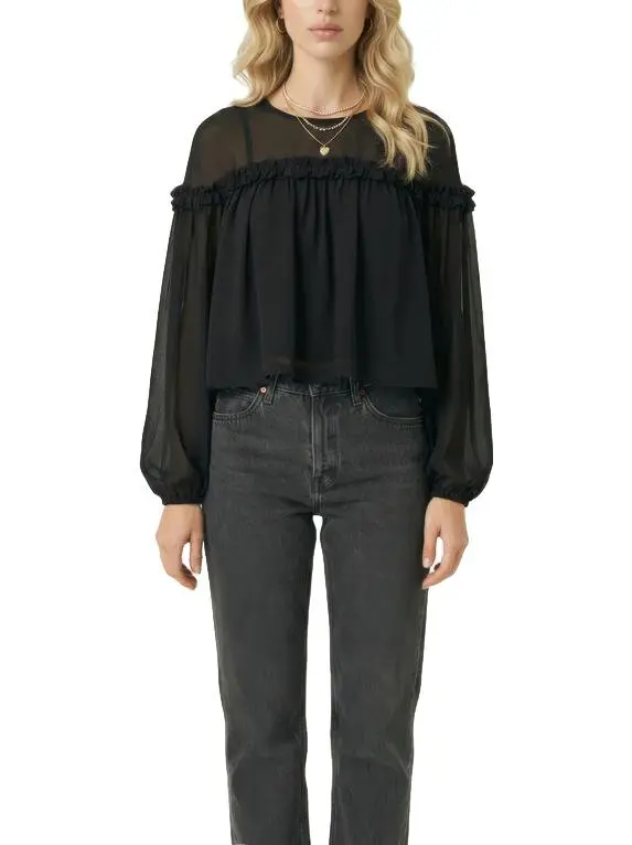 MODENAIRE Sheer Long Sleeve Ruffled Blouse - Black
