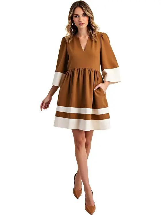 MODENAIRE Fit-and-flare Mini V-neck Dress With Contrast Trim - Brown/white