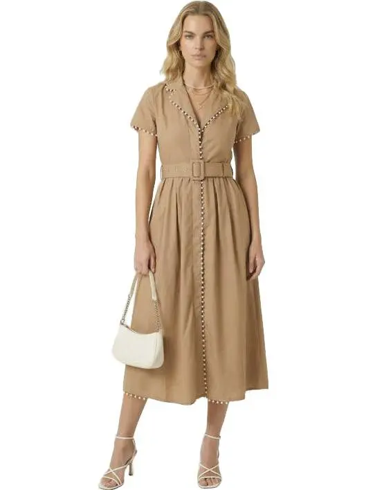MODENAIRE Short Sleeve Collared Midi Shirt Dress With Pearl Details And Belt - Beige