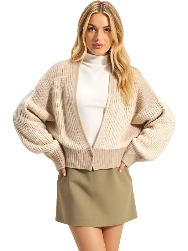 MODENAIRE Ribbed Knit Drop Shoulder Cardigan - Beige/cream