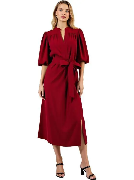 MODENAIRE Short Sleeve Mini Dress With Belted Waist And Pockets - Dark Red