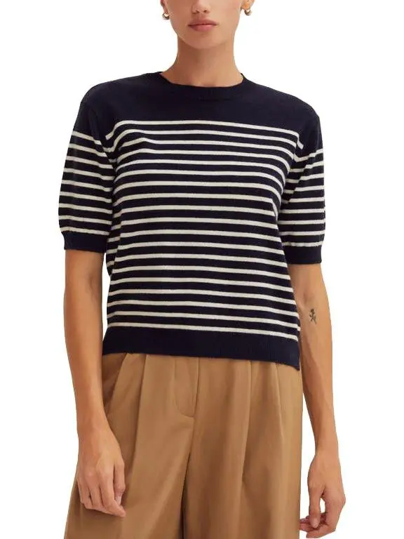 CRESCENT Striped Short Sleeve Sweater Top - Navy/ivory