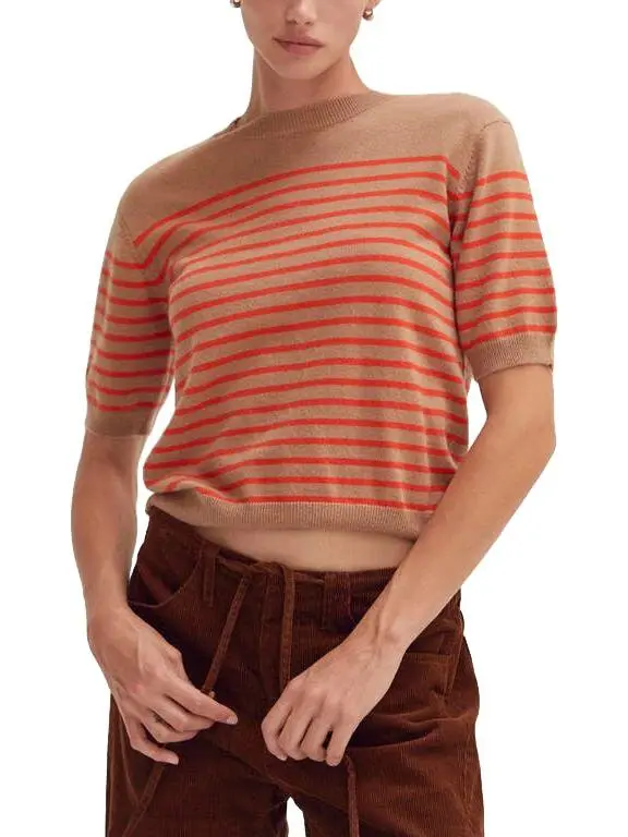 CRESCENT Striped Short Sleeve Sweater Top - Taupe/orange