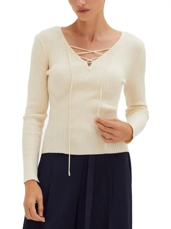 CRESCENT Lace-up Ribbed Knit Top - Cream