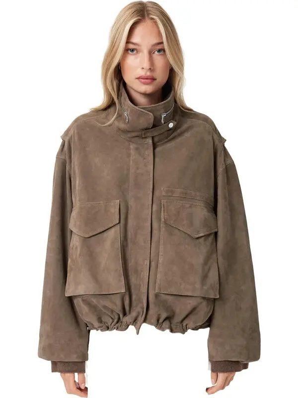 ALLSAINTS Clay Suede Cropped Jacket With Funnel Neck - Brown