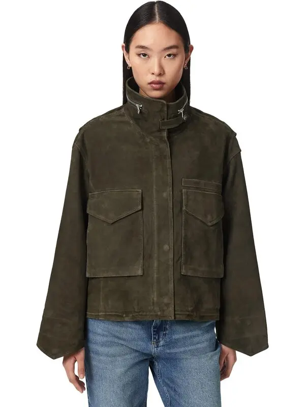 ALLSAINTS Clay Suede Cropped Jacket With Funnel Neck - Green